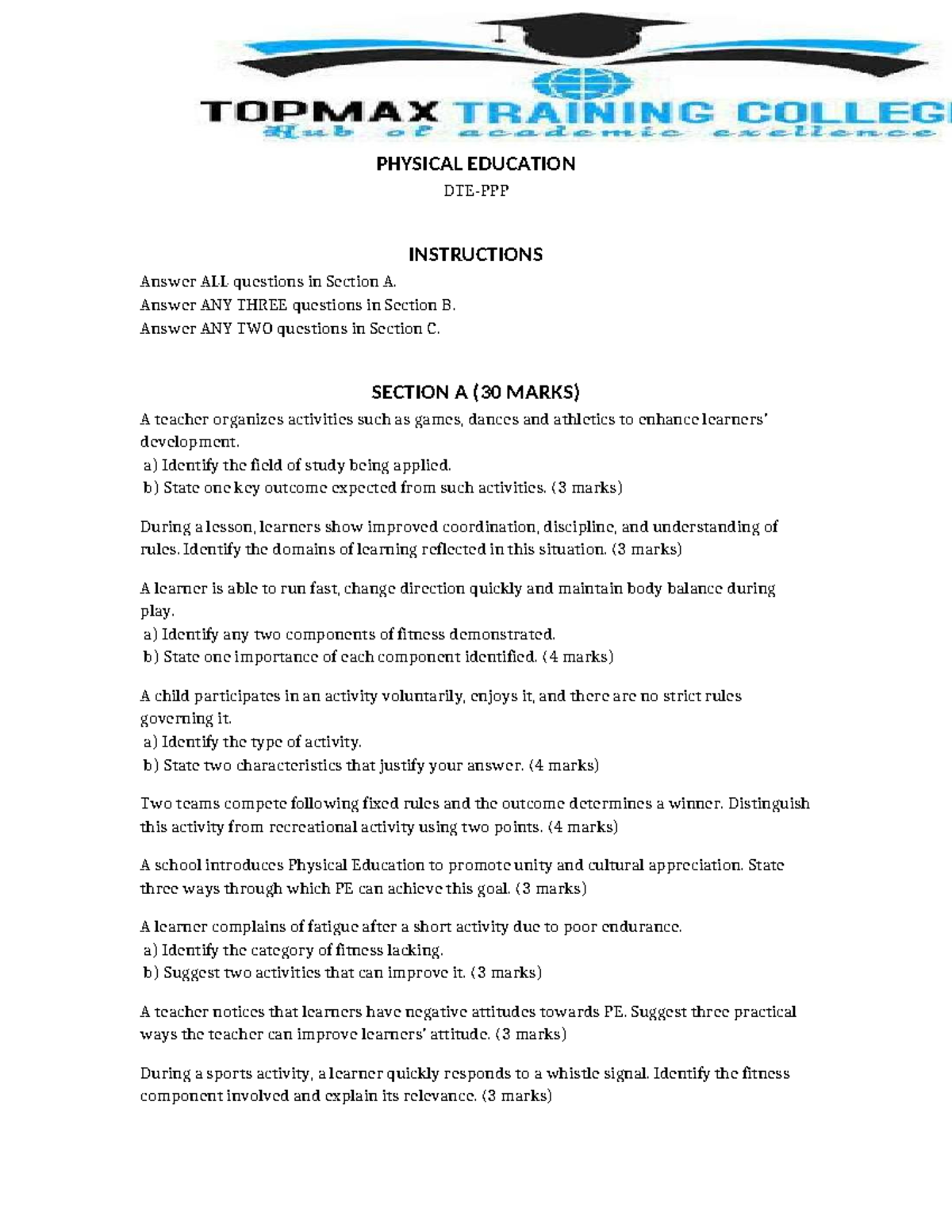 DTE PE Paper - Physical Education Instructions and Activities - Studocu