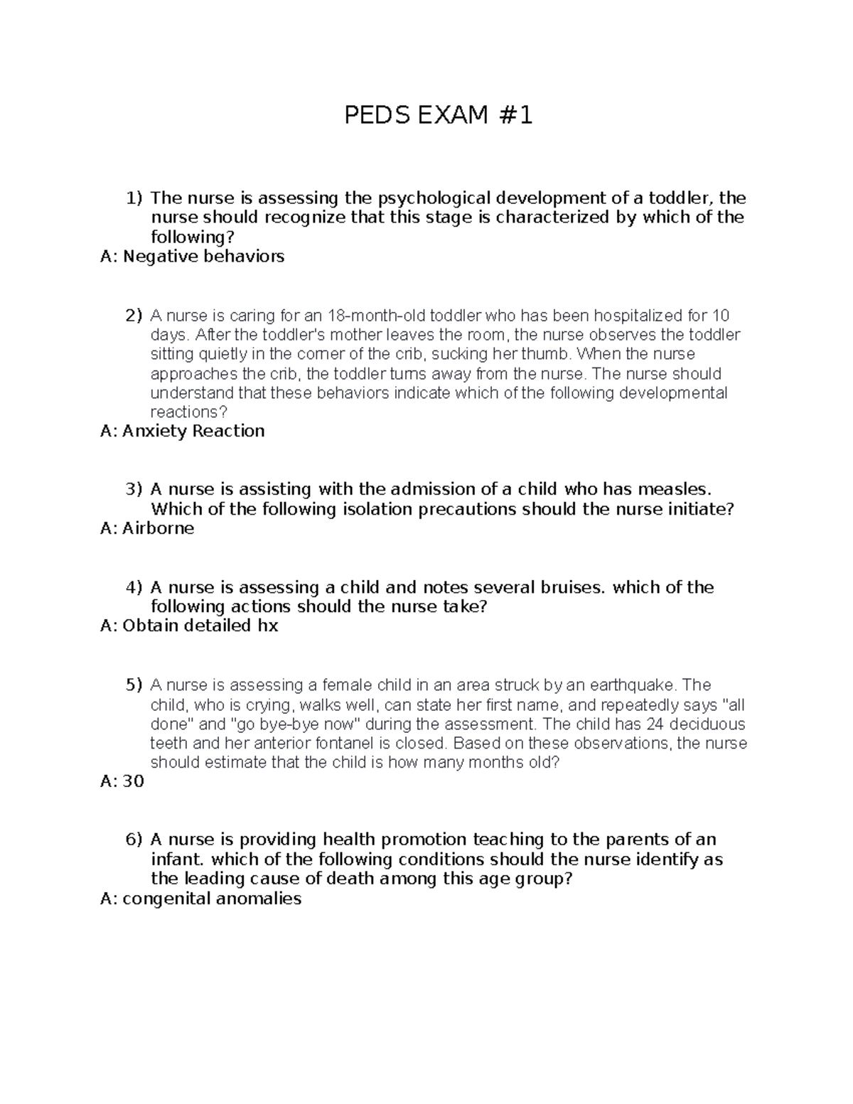 PEDS 101 - Practice Questions for Pediatric Exam #1 - Studocu