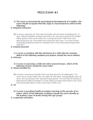 Peds exam 2 - Practice questions to Exam #2 for peds. - A nurse is ...