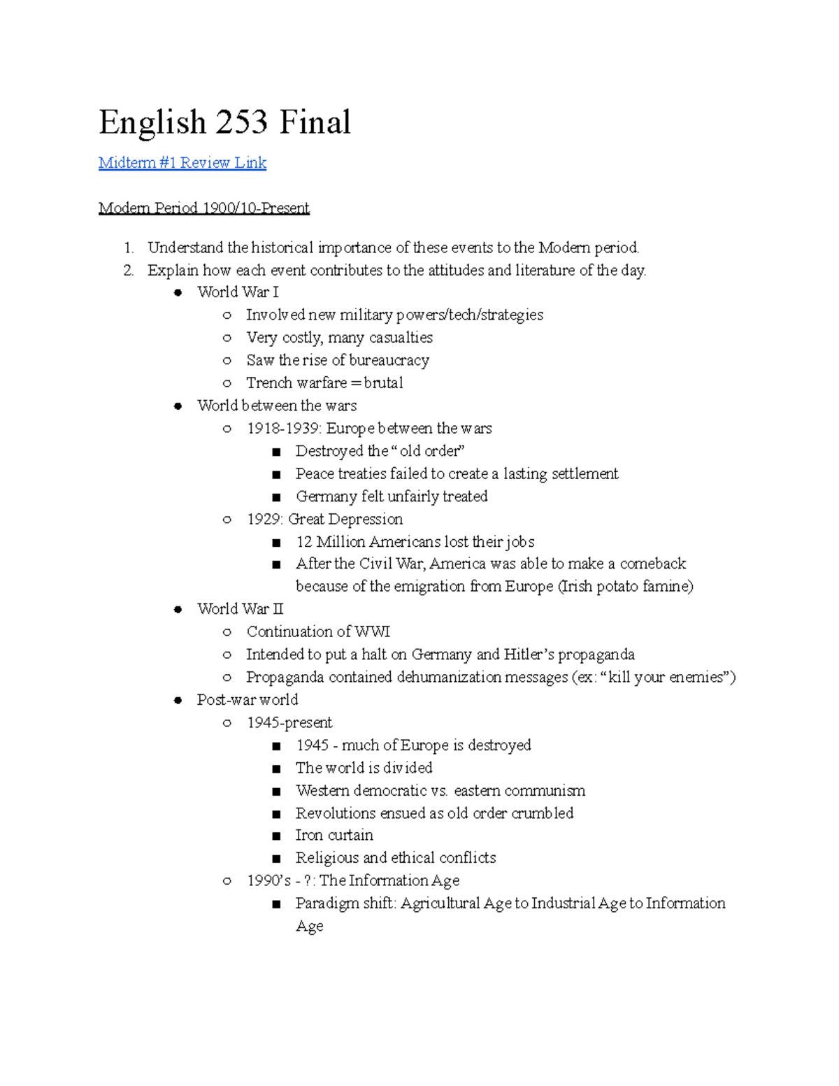 English 253 Final Exam Comprehensive Study Guide on Modern Literature ...
