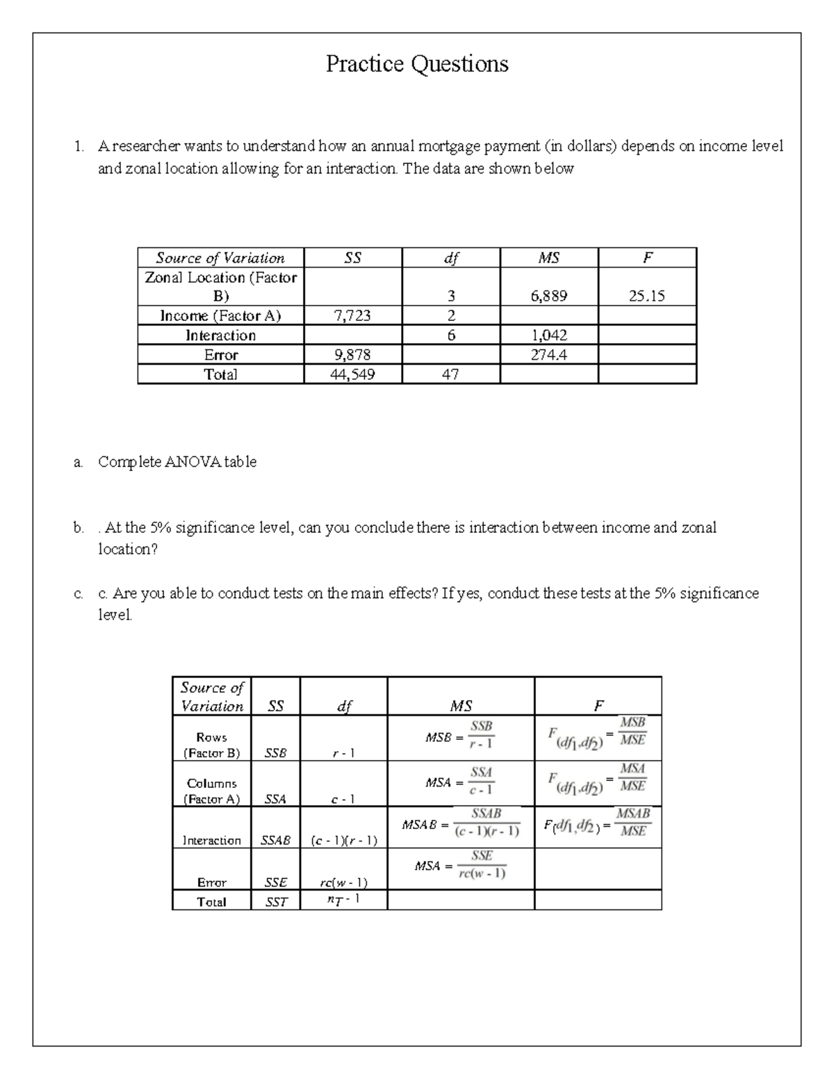ANOVA Practice Questions Analysis for Stats 101 Final Exam - Studocu