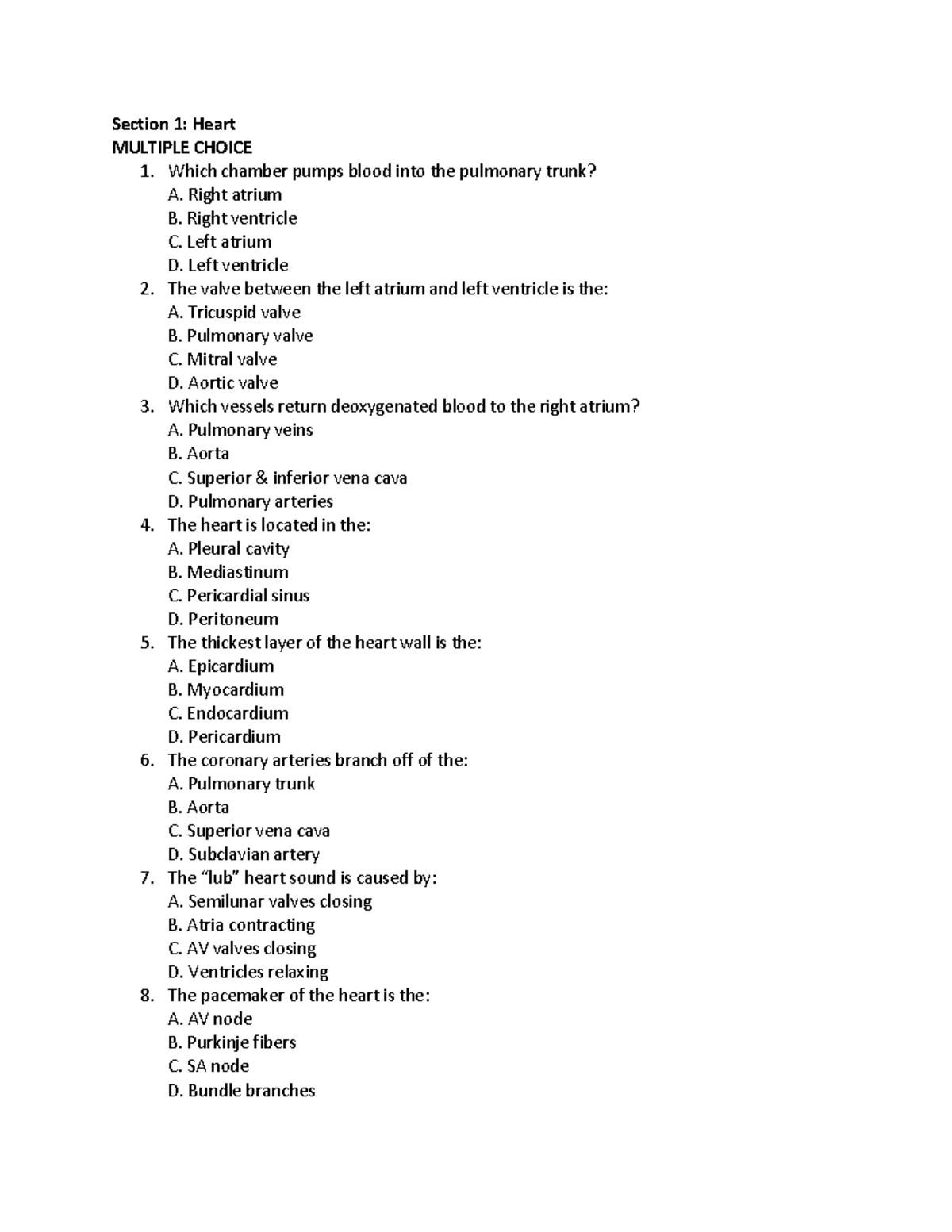 Final Exam Mock Exam: Comprehensive Questions for Heart & Circulation ...