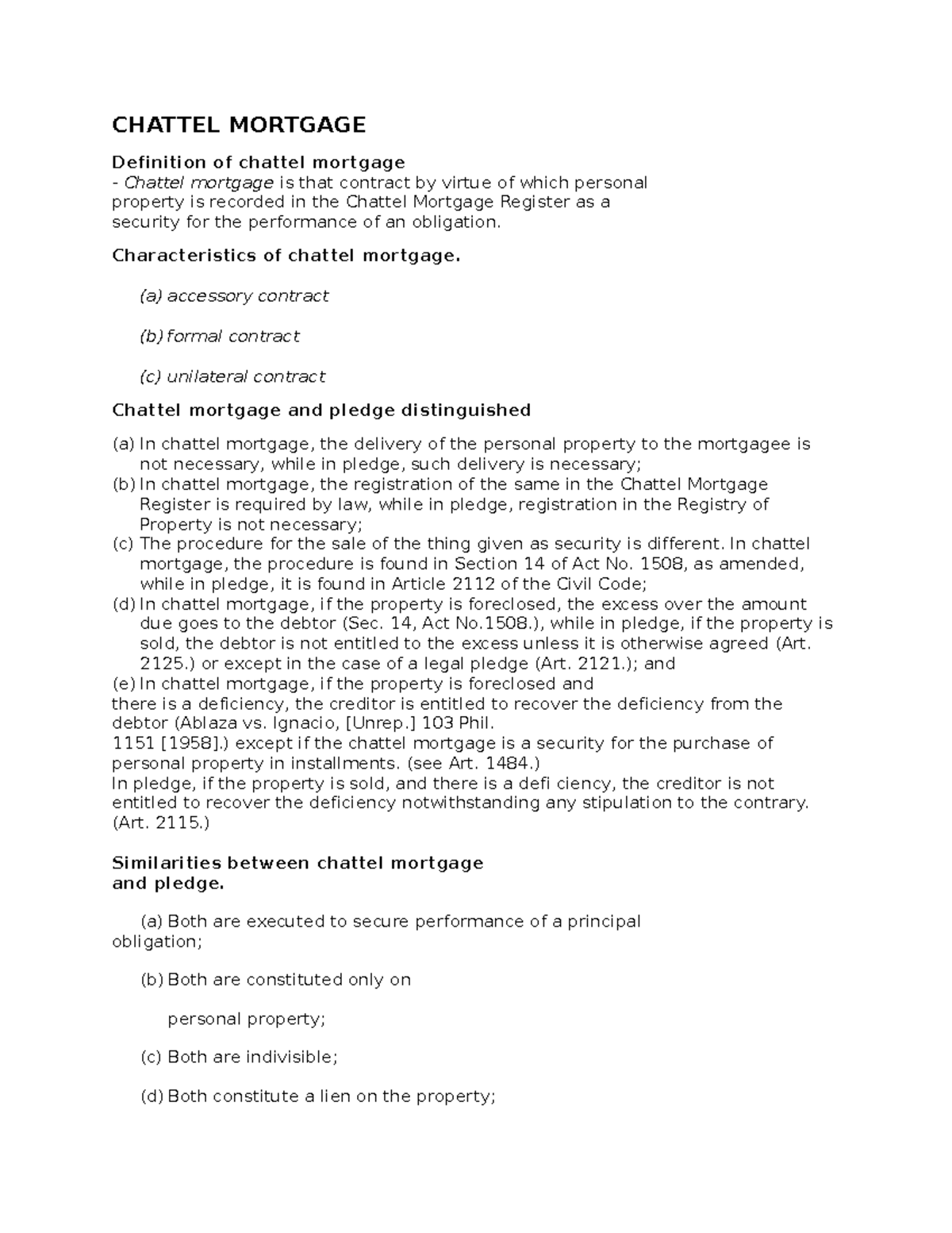 Chattel Mortgage Overview: Key Concepts and Legal Framework - Studocu