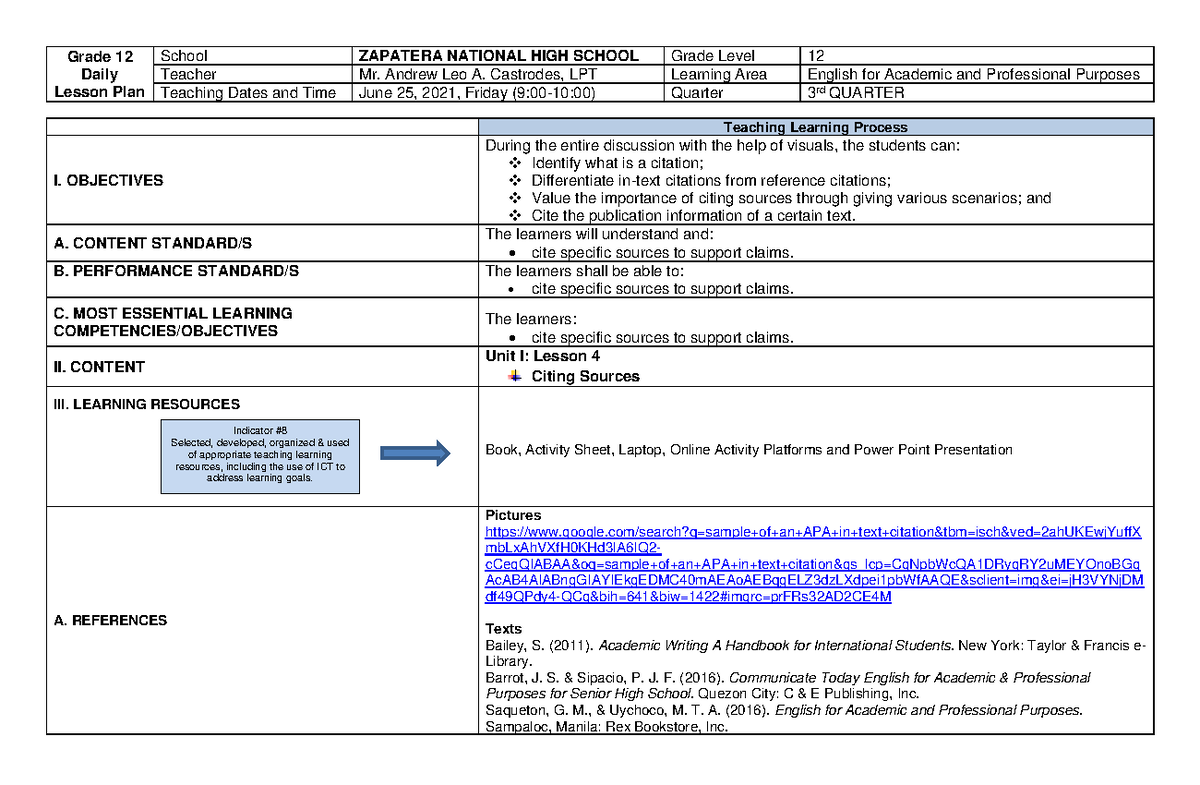 Lesson PLAN - Citing Sources (ZNHS 2nd COT Castrodes) - Grade 12 Daily ...