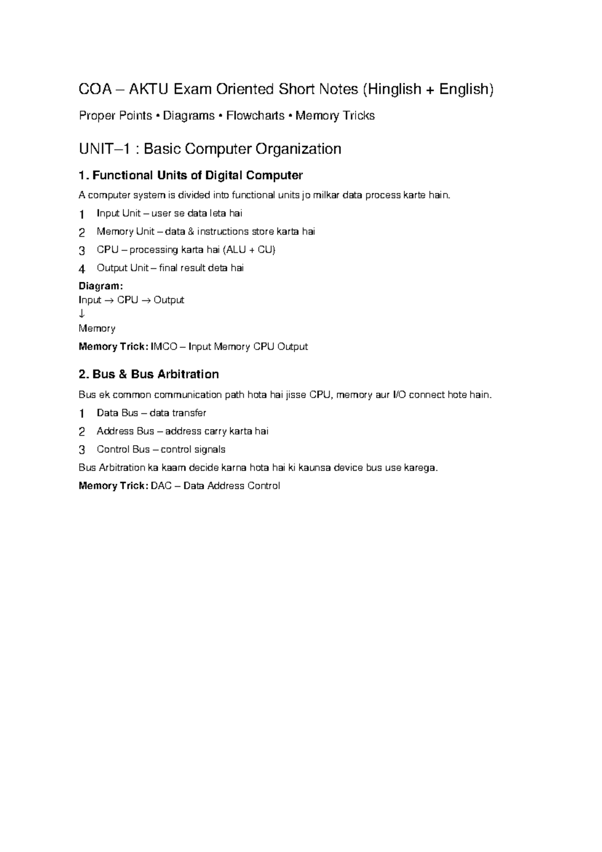 COA AKTU Exam-Oriented Short Notes: Basic Computer Organization - Studocu