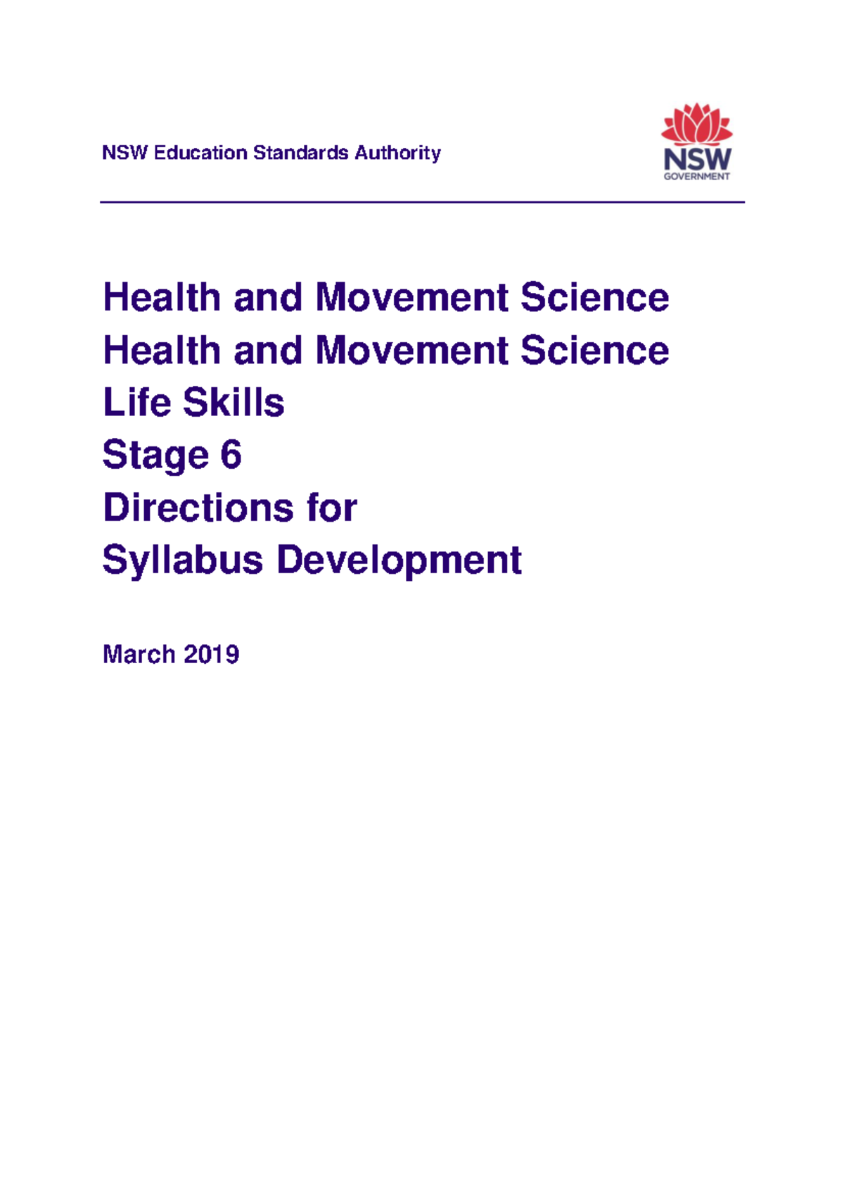 Health and Movement Science Stage 6 Syllabus Development Directions ...