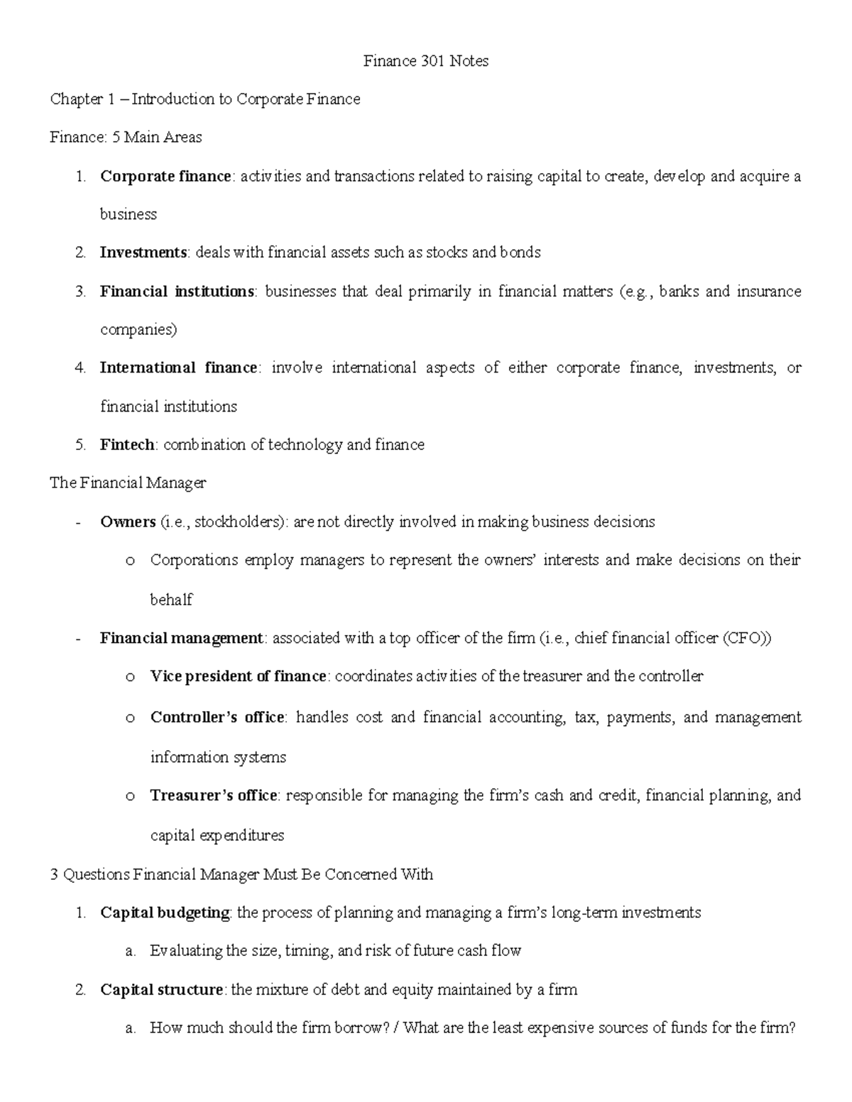 Finance 301 Notes - Finance 301 Notes Chapter 1 – Introduction to ...