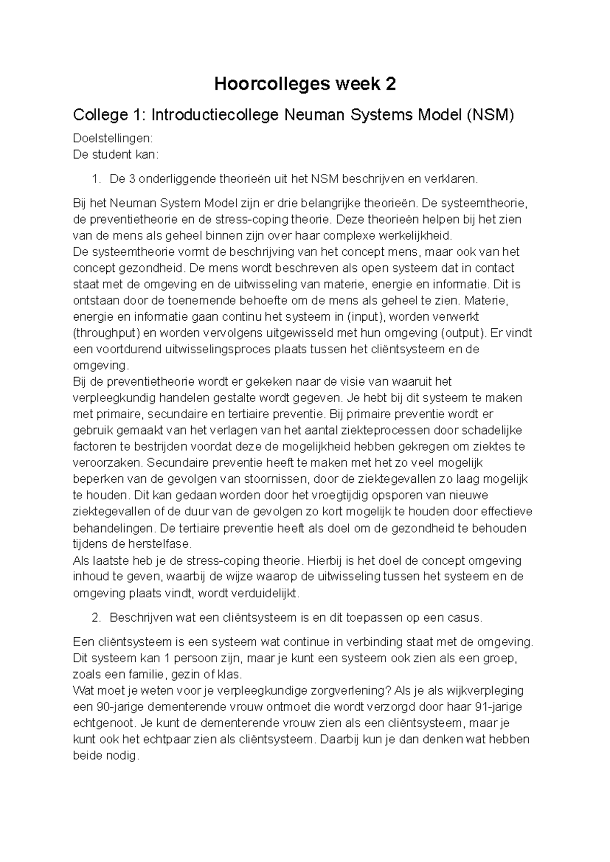 Hoorcolleges Week 2 - Leerdoelen Neuman Systems Model (NSM) - Studeersnel