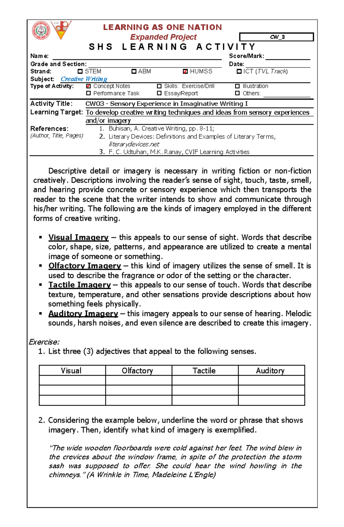 Creative Writing LAS 3 CW03 - Exploring Sensory Imagery in Writing ...