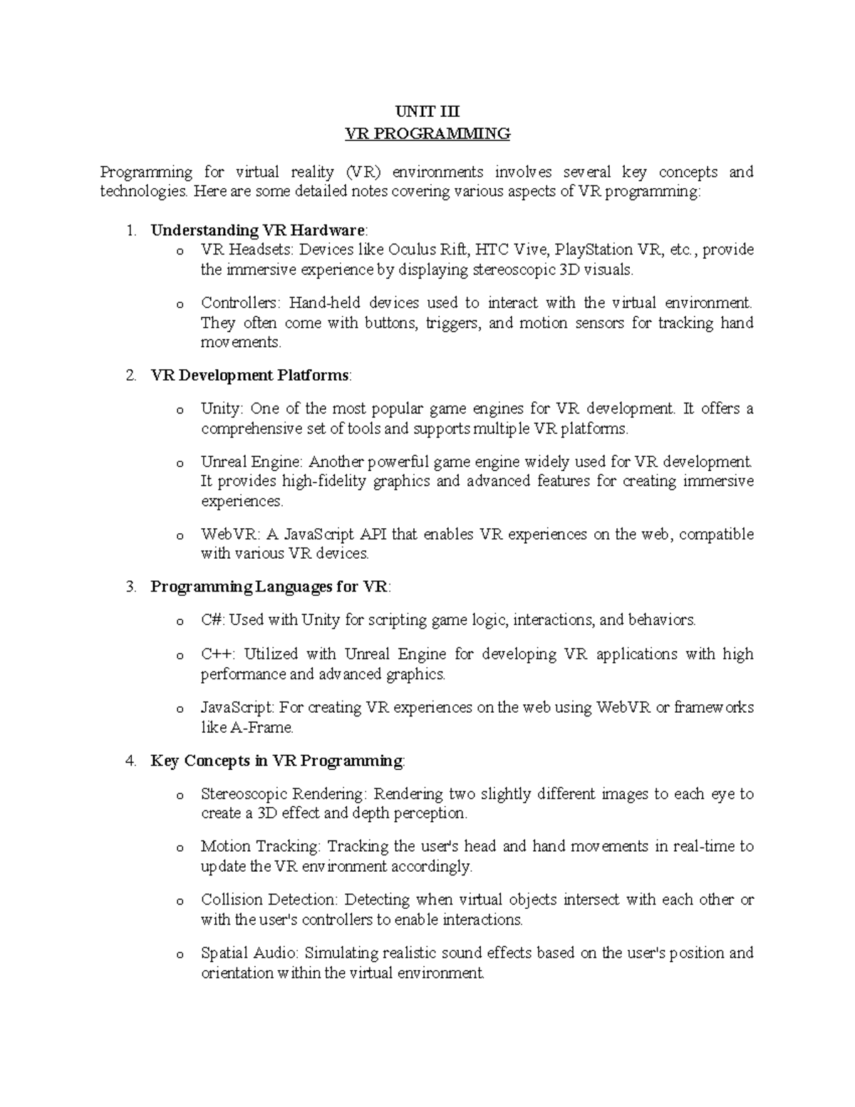 Unit III - VR Programming Concepts and Technologies Overview - Studocu