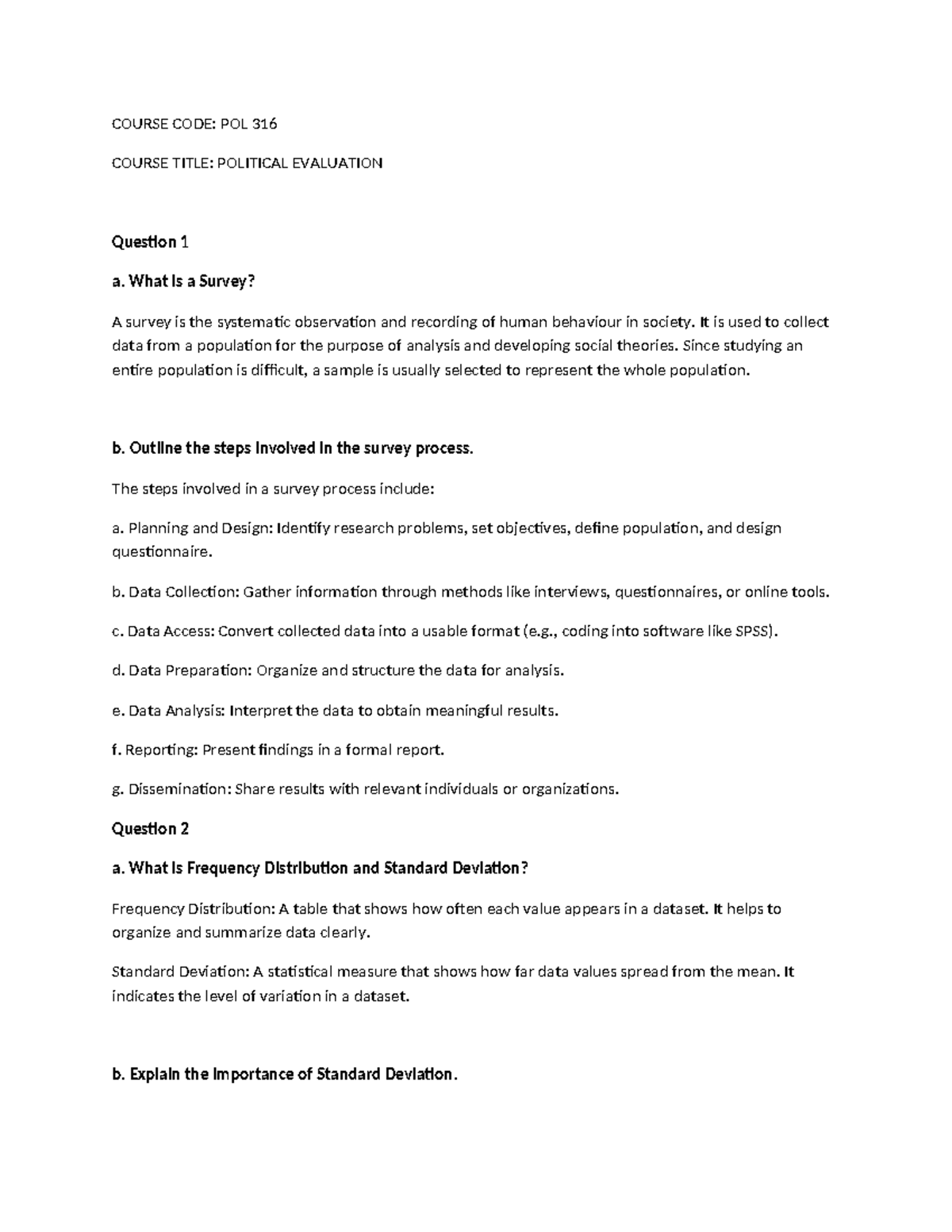 POL 316 PQ - Survey Research and Statistical Evaluation in Political ...