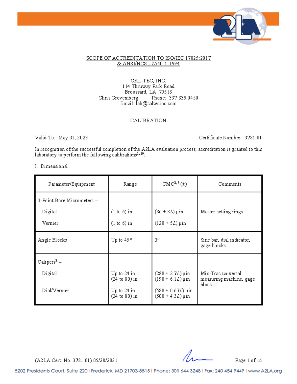 3781-01 - Calibration Scope and Accreditation Report - Studocu