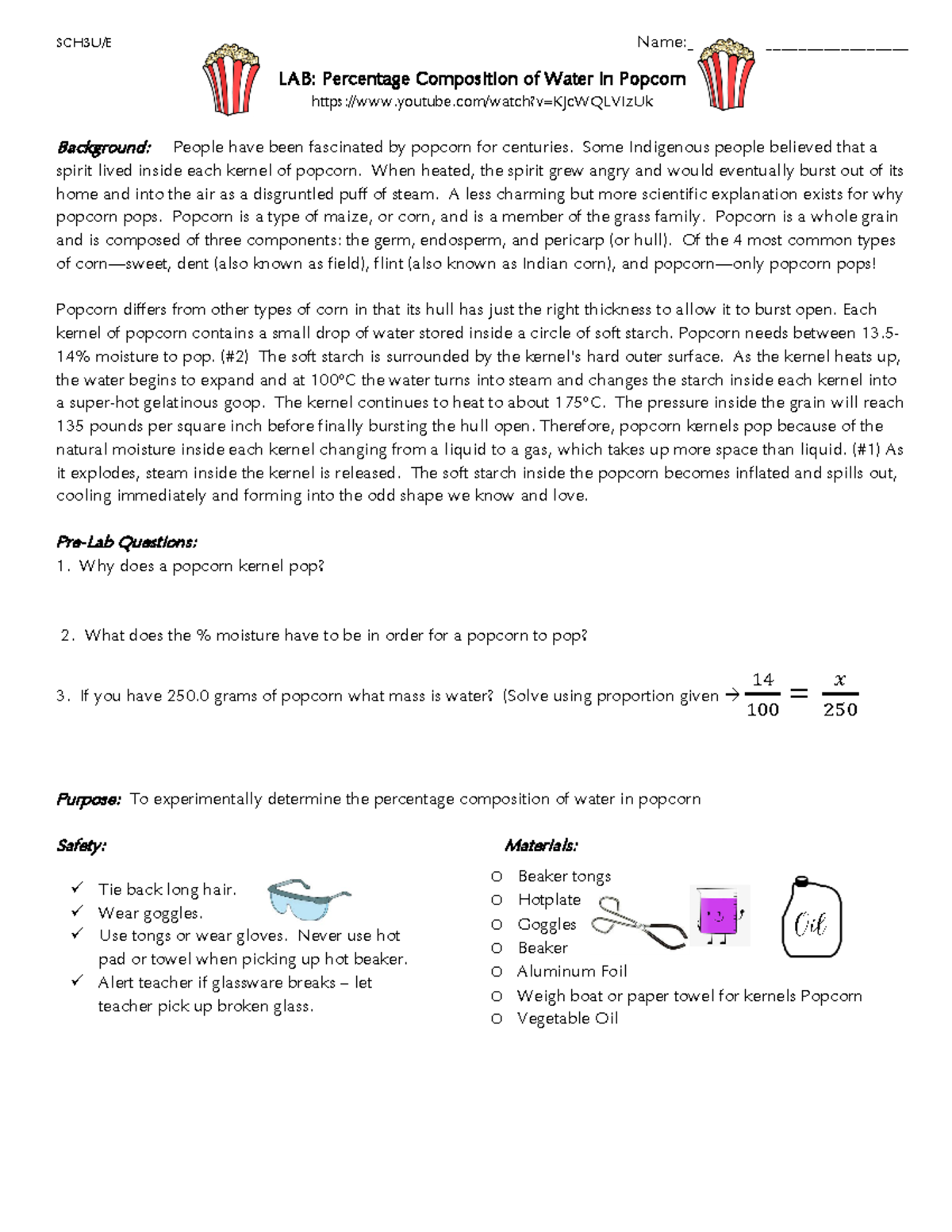 SCH3U/E Lab: Determining Percentage Composition of Water in Popcorn - Studocu