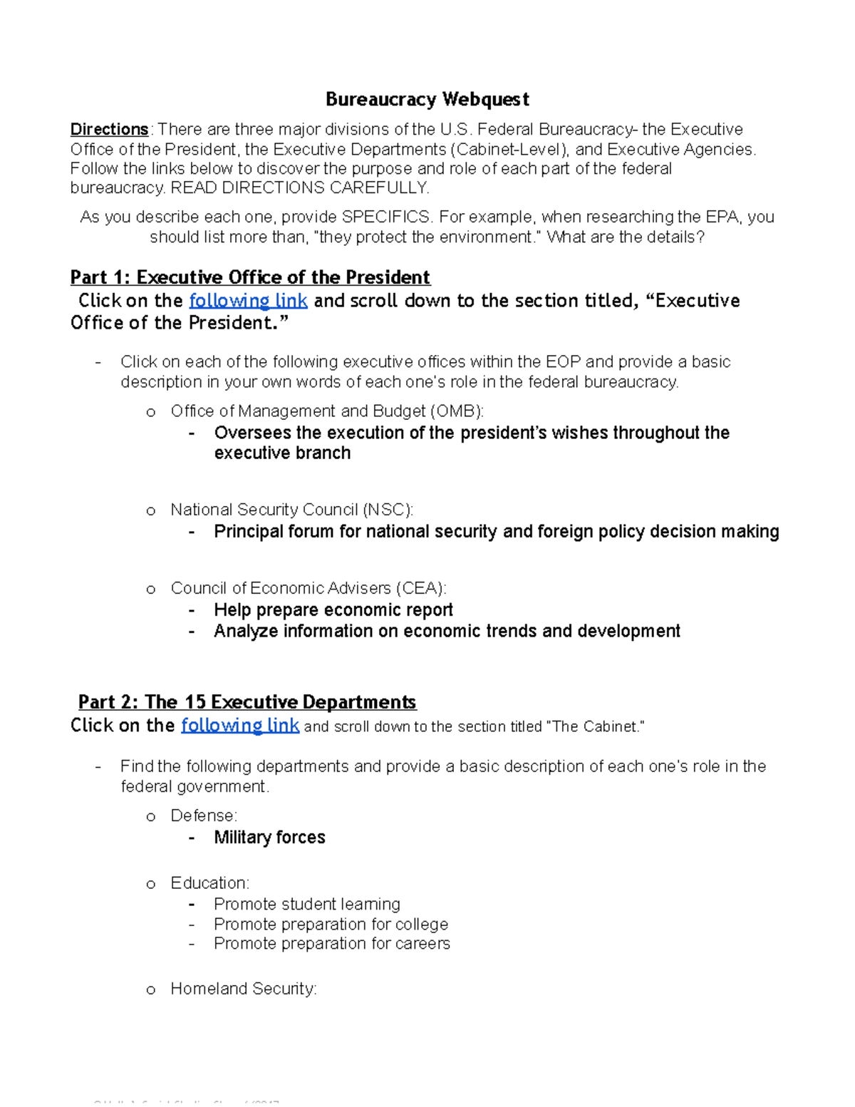 Bureaucracy Webquest: Exploring the U.S. Federal Structure and Roles ...