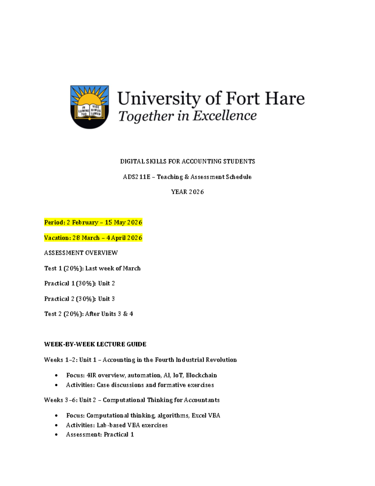 ADS211E - Teaching & Assessment Schedule 2026 - Studocu