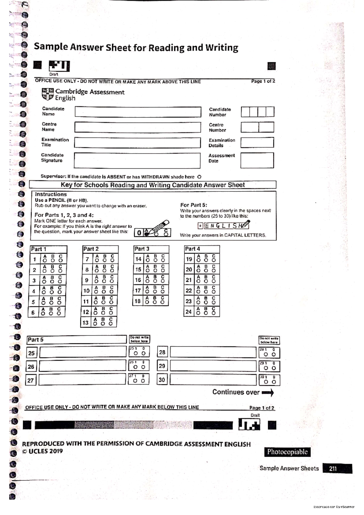 Cambridge KEY Reading & Writing Sample Answer Sheet - Studocu