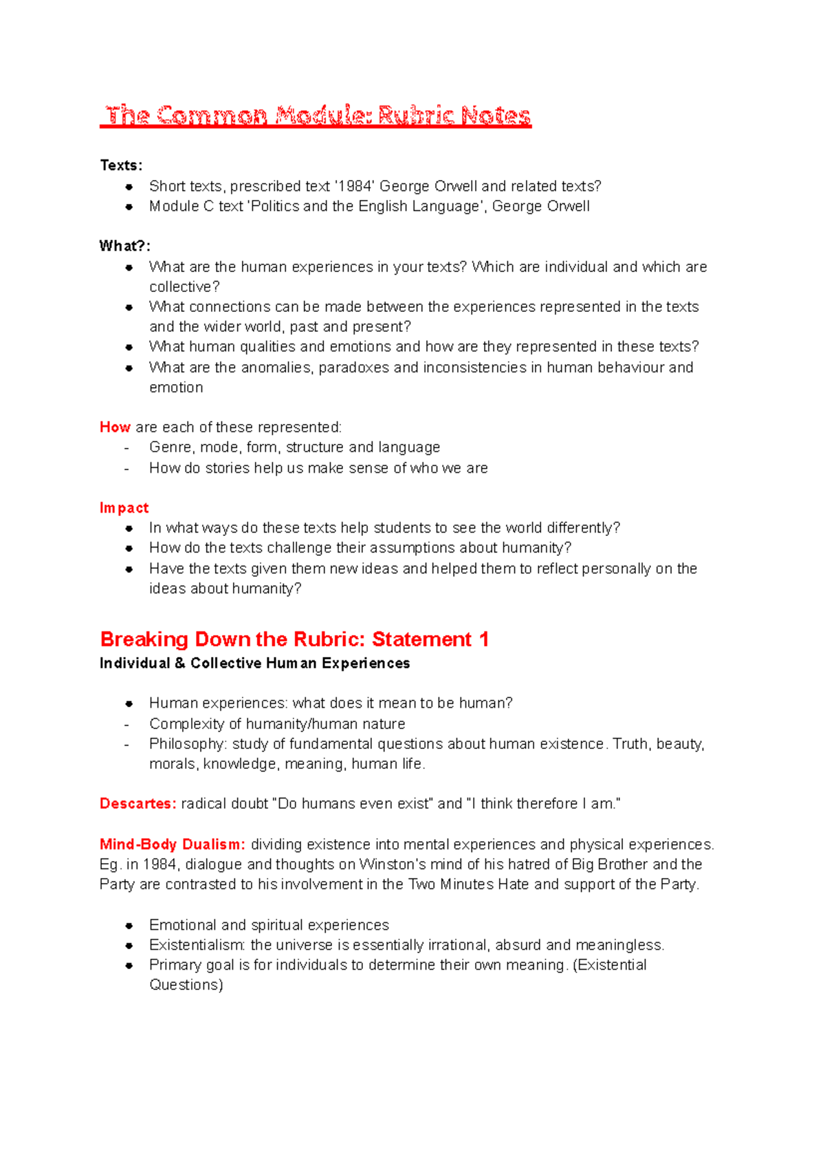 English Common Module: Human Experiences in Orwell's Texts - Studocu