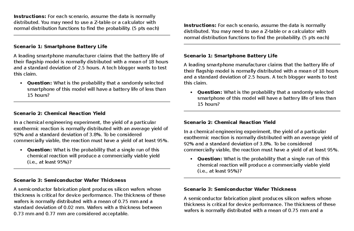 Z Score Test: Normal Distribution Scenarios & Probabilities - Studocu