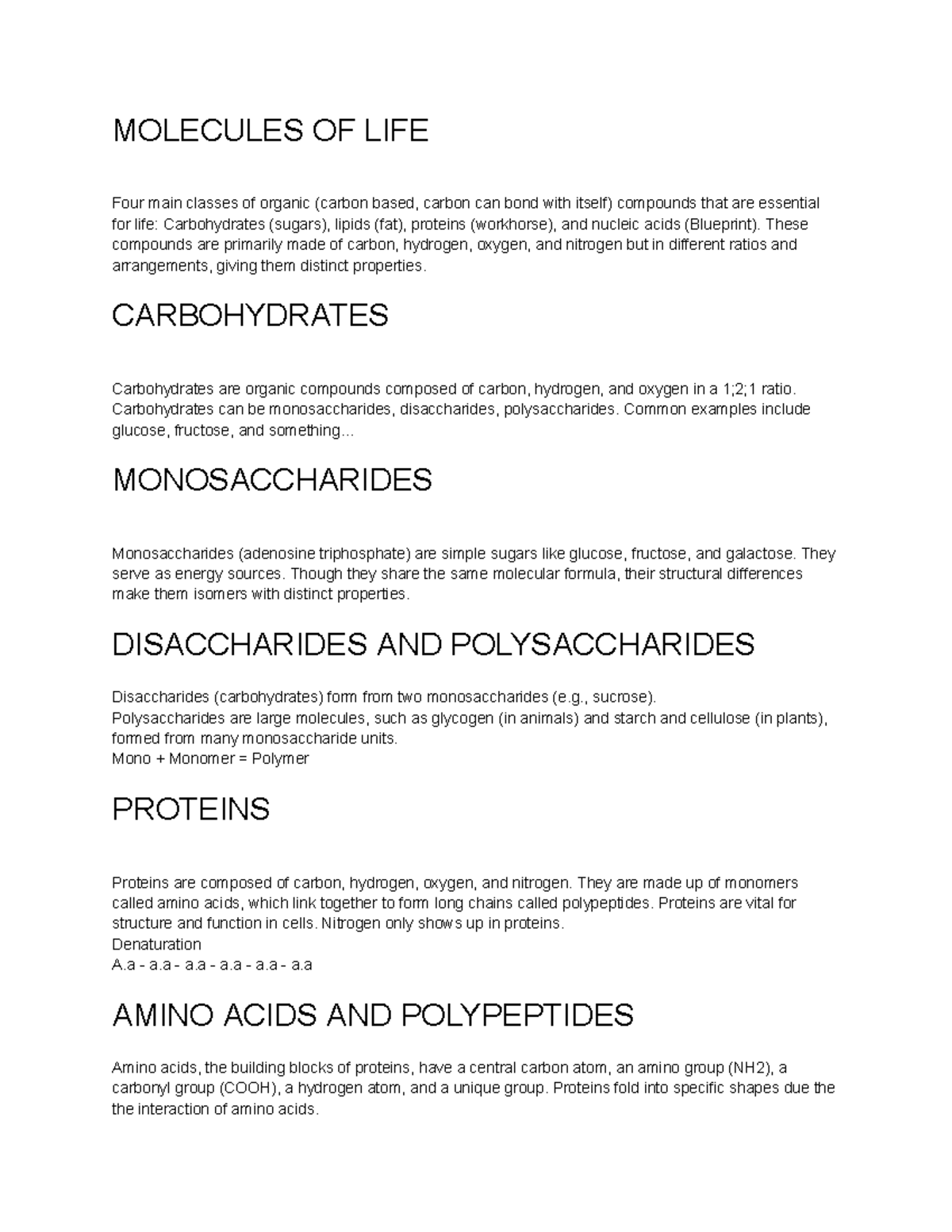Biology Final Exam Notes: Overview of Life's Essential Molecules - Studocu