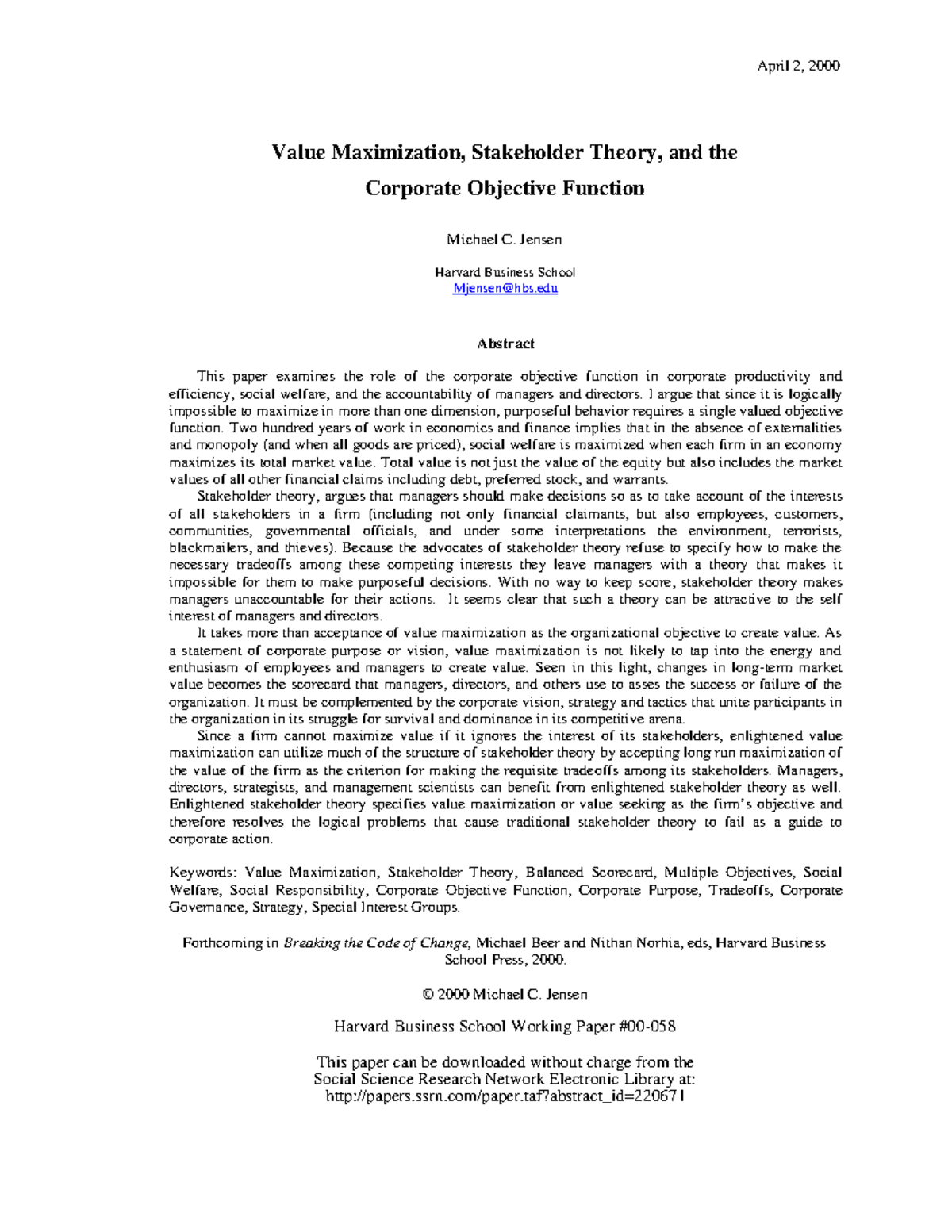Jensen - Value Maximization & Stakeholder Theory Analysis (April 2 ...