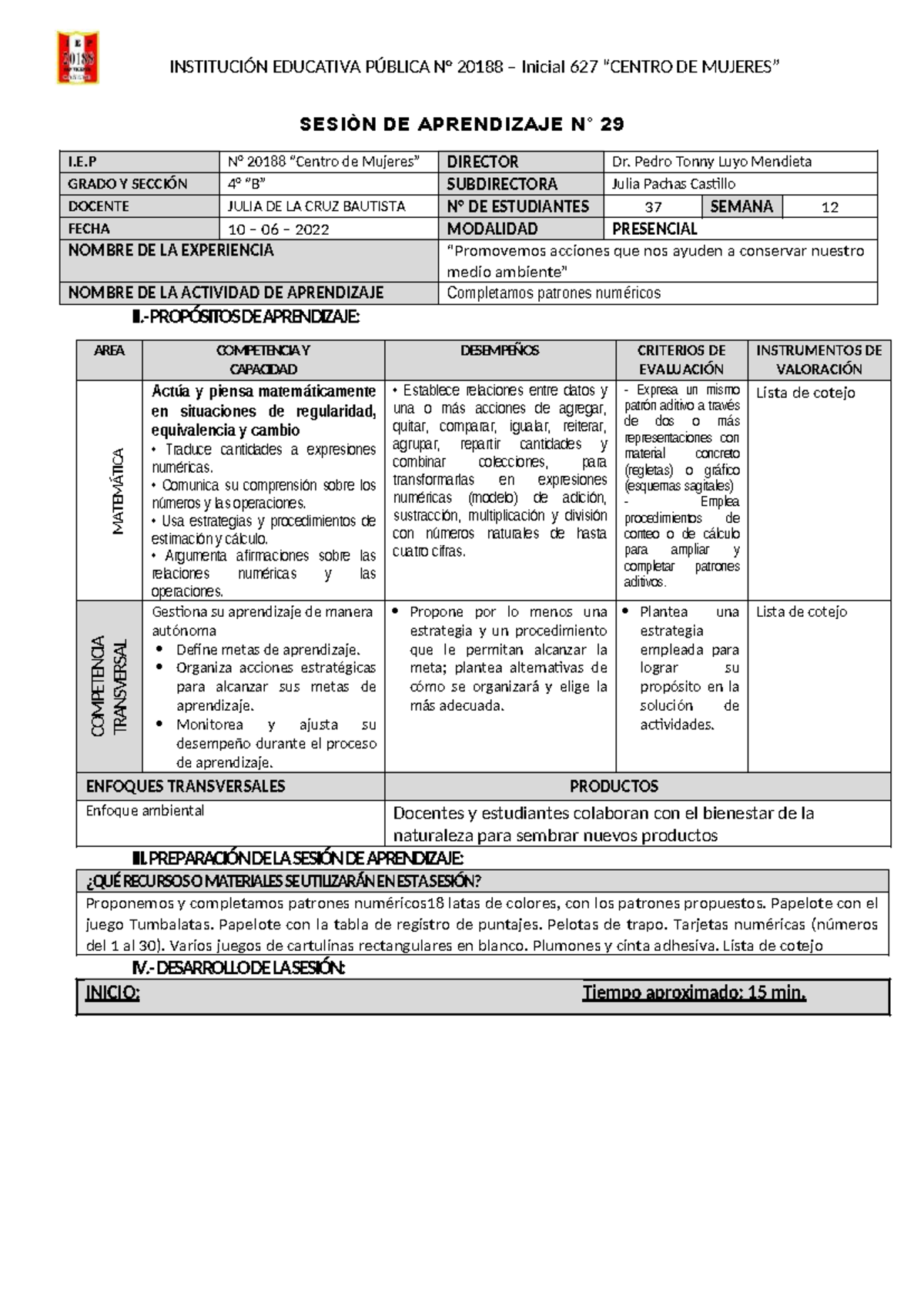 Sesión de Aprendizaje 29: Patrones Numéricos en Matemática - I.E.P ...