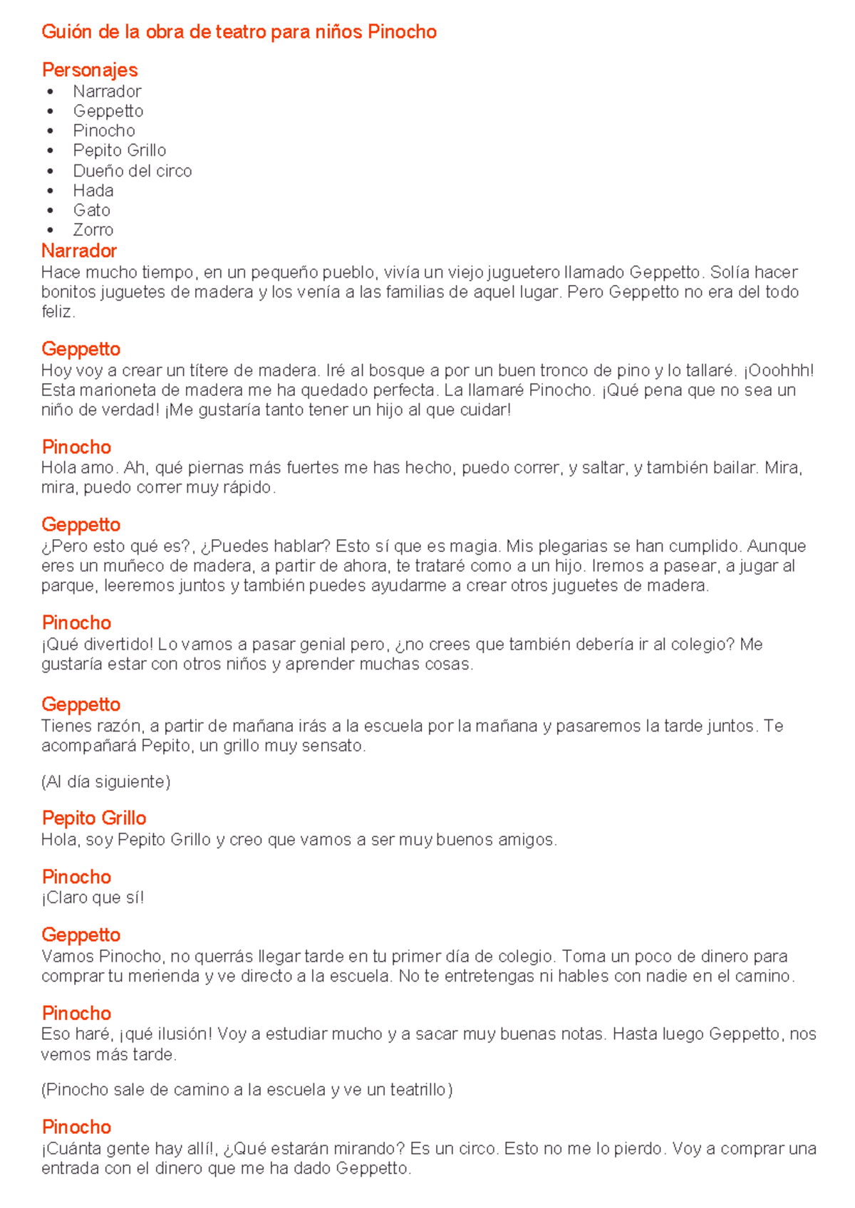 Guión de Teatro Infantil: Pinocho - Obra para Niños - Studocu
