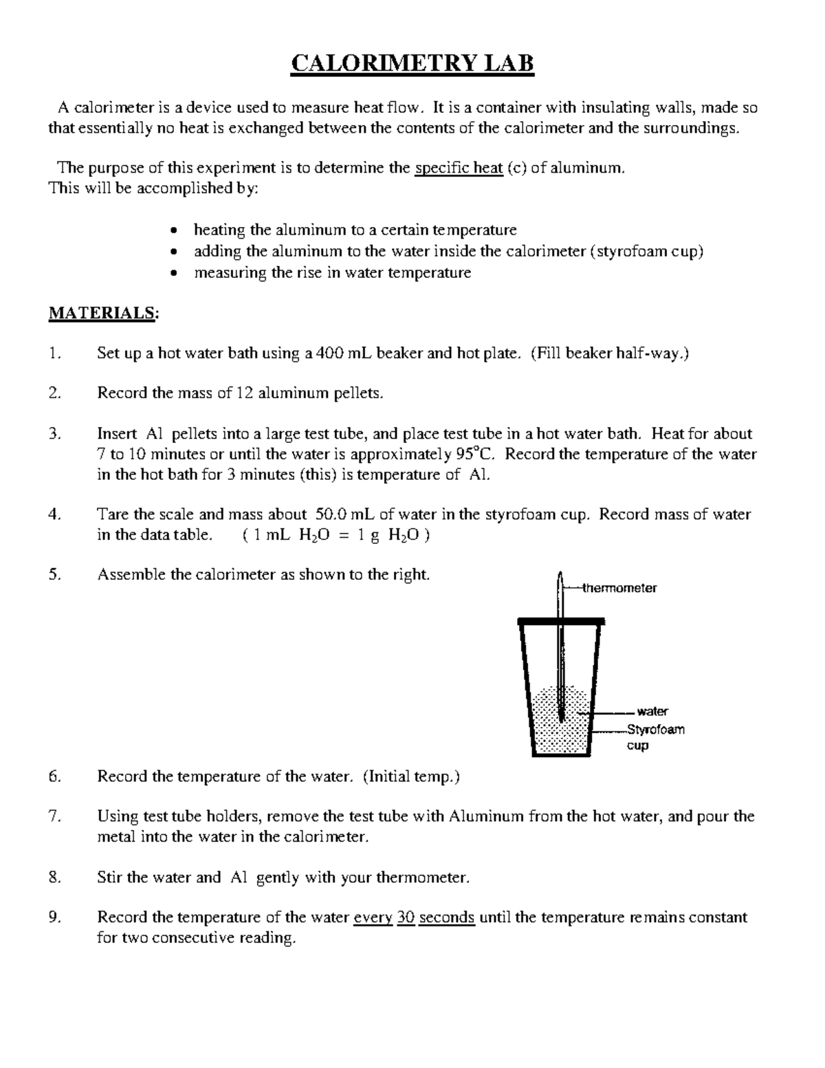 Calorimetry lab experiment: Determining specific heat of aluminum - Studocu