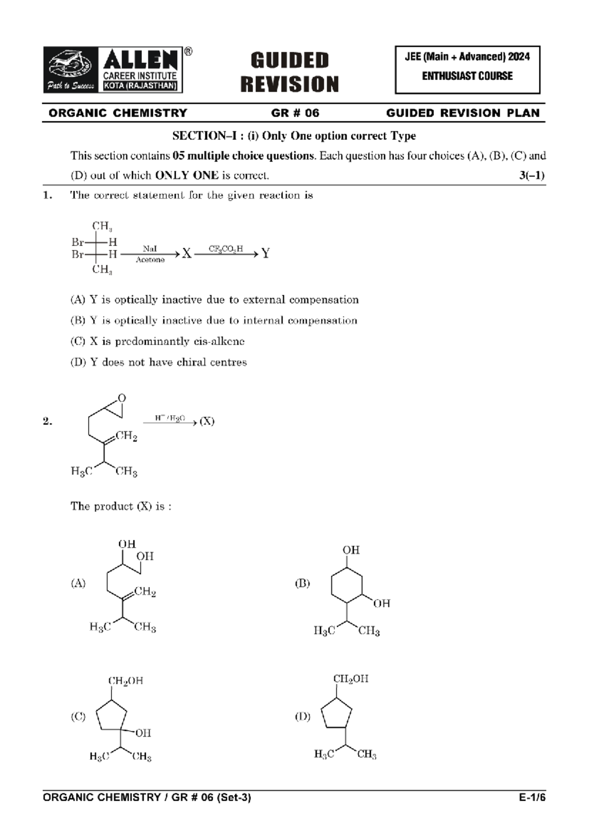 Organic Chemistry GR 06 Guided Revision Plan for JEE (Main Advanced ...