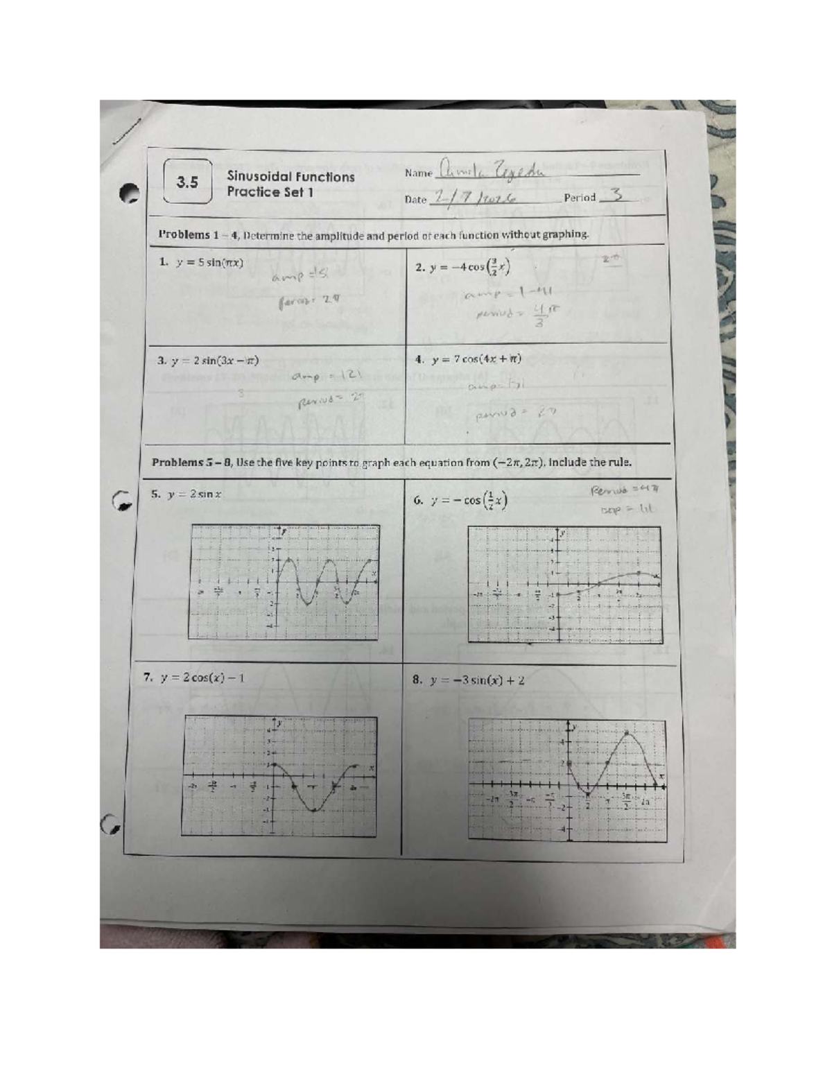 Precalculus 3.5: Sinusoidal Functions Practice Set and Problems - Studocu