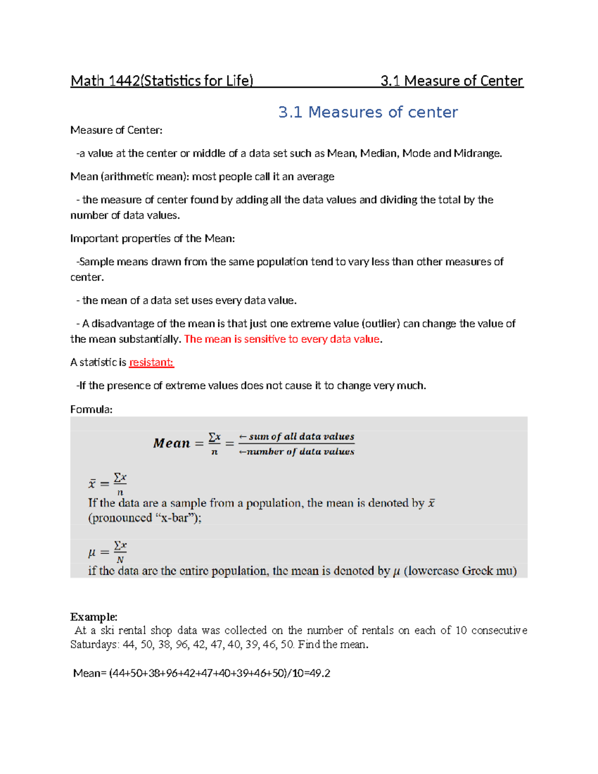 MATH 1442: Measures of Center - Mean, Median, Mode, and Midrange - Studocu