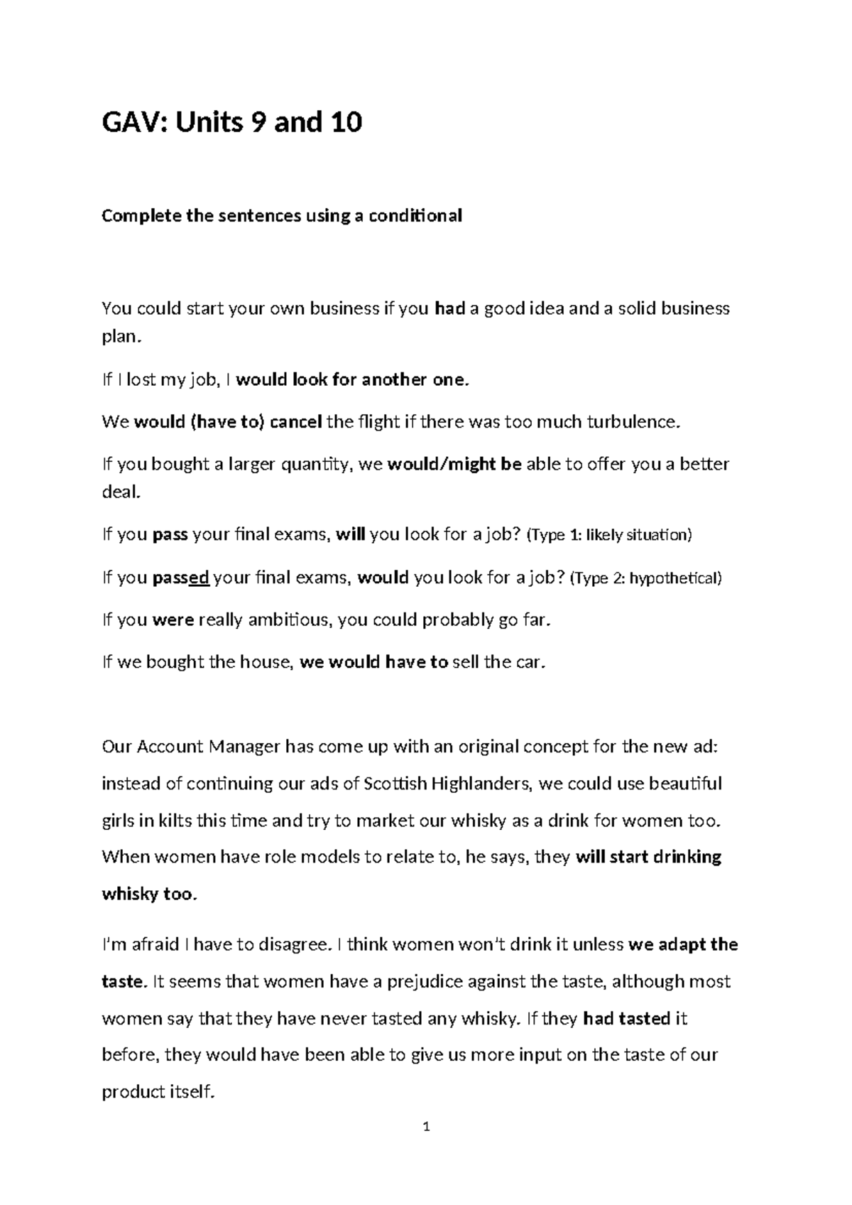 GAV: Conditional Sentences and Transformations - Units 9 & 10 Keys ...
