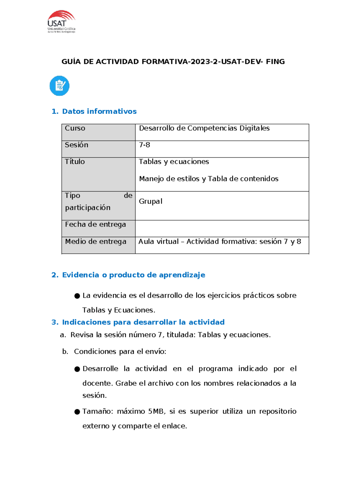 GUÍA DE ACTIVIDAD FORMATIVA FING 1: Tablas y Ecuaciones (2023-2) - Studocu