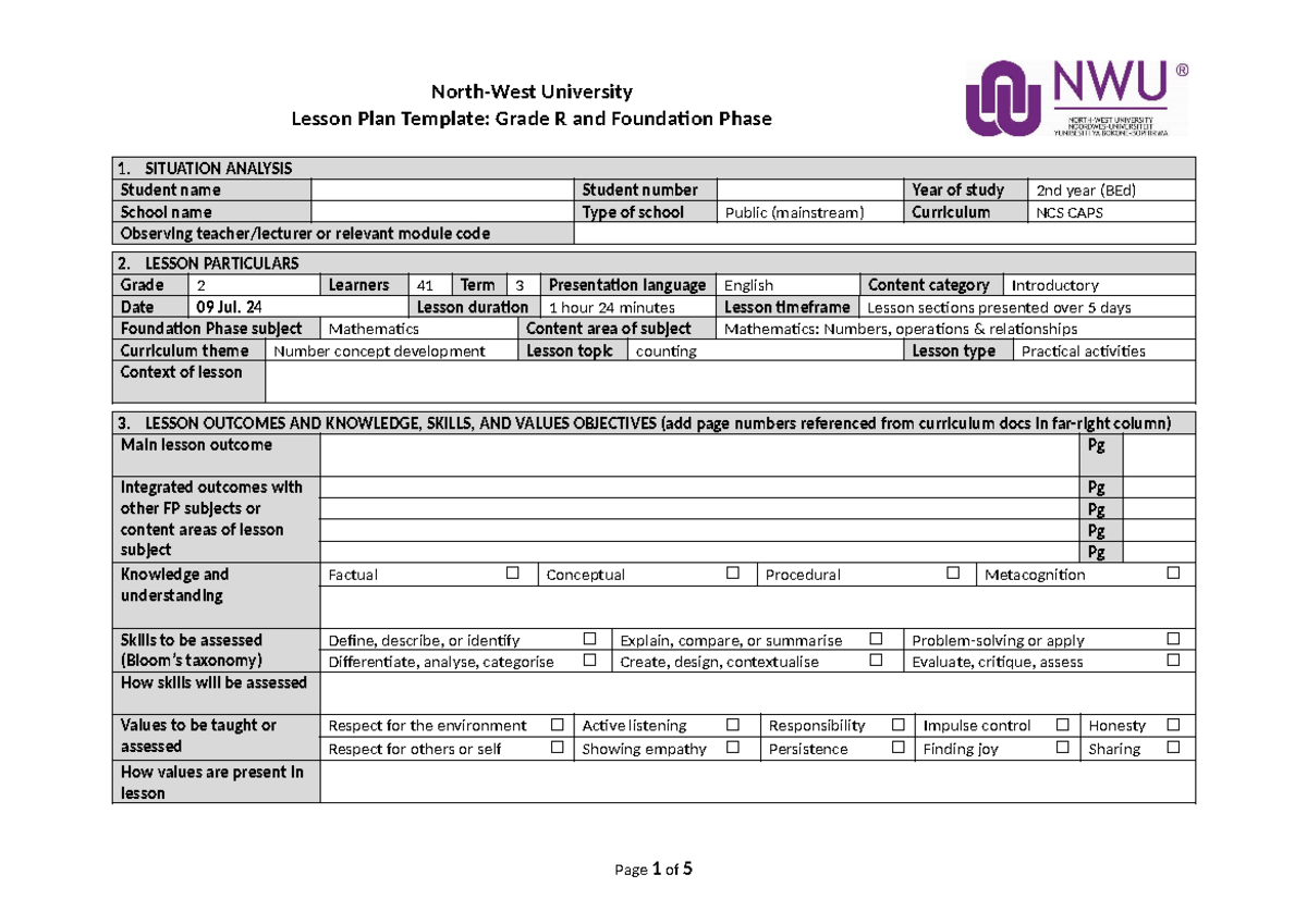 Grade R & Foundation Phase - Lesson Plan for Mathematics (Mathematics ...