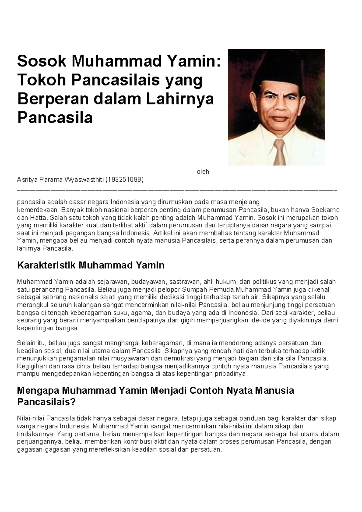 Sosok Muhammad Yamin: Peran dan Karakter dalam Pancasila (193251099 ...