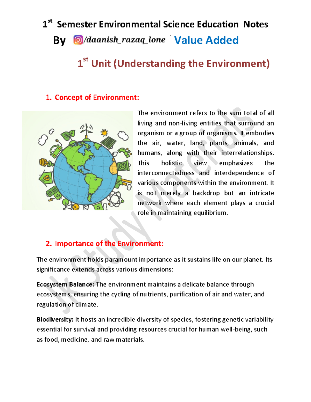1st Semester EVS Education Notes: Understanding the Environment - Studocu