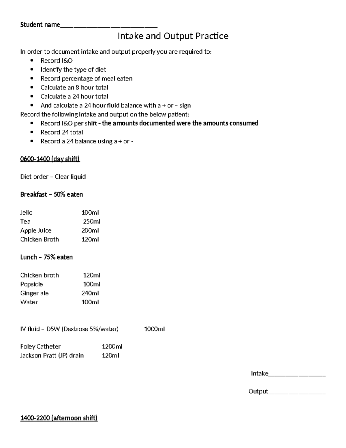 Intake and Output Documentation Practice: I&O Records and Calculations ...