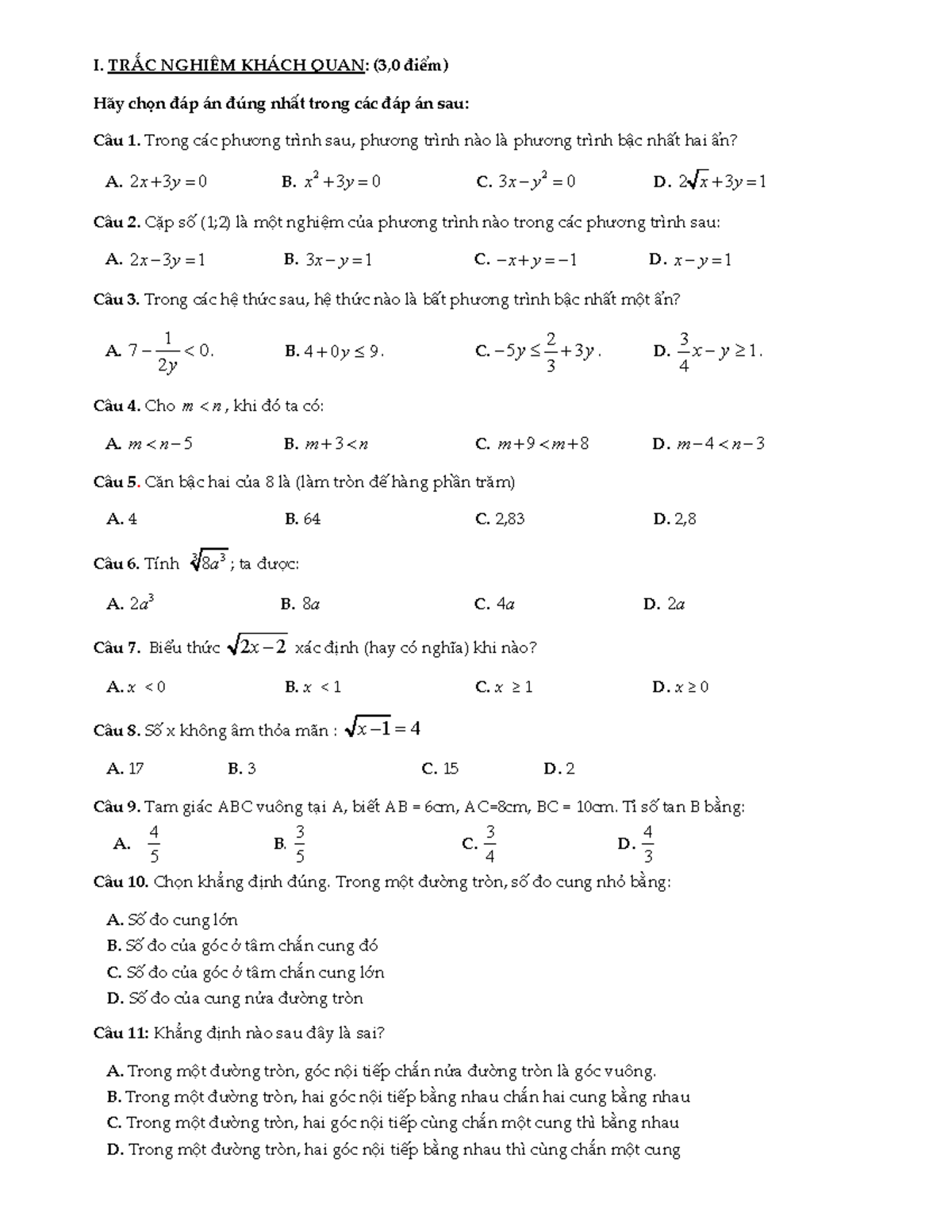 Trắc Nghiệm Khách Quan Toán Học (Mã: 19) - Studocu