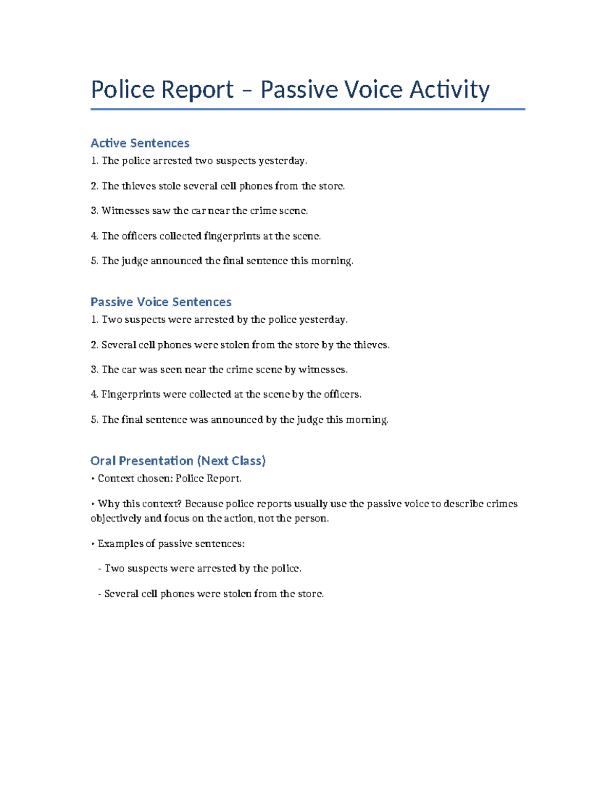 Police Report: Passive Voice Activity for Oral Presentation - Studocu