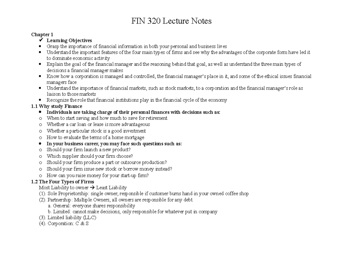 FIN 320 Comprehensive Notes on Chapters 1-4: Key Concepts & Insights ...