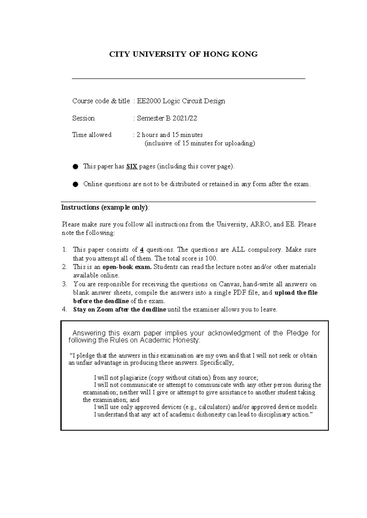 EE2000 Logic Circuit Design Final Exam Instructions and Questions - Studocu