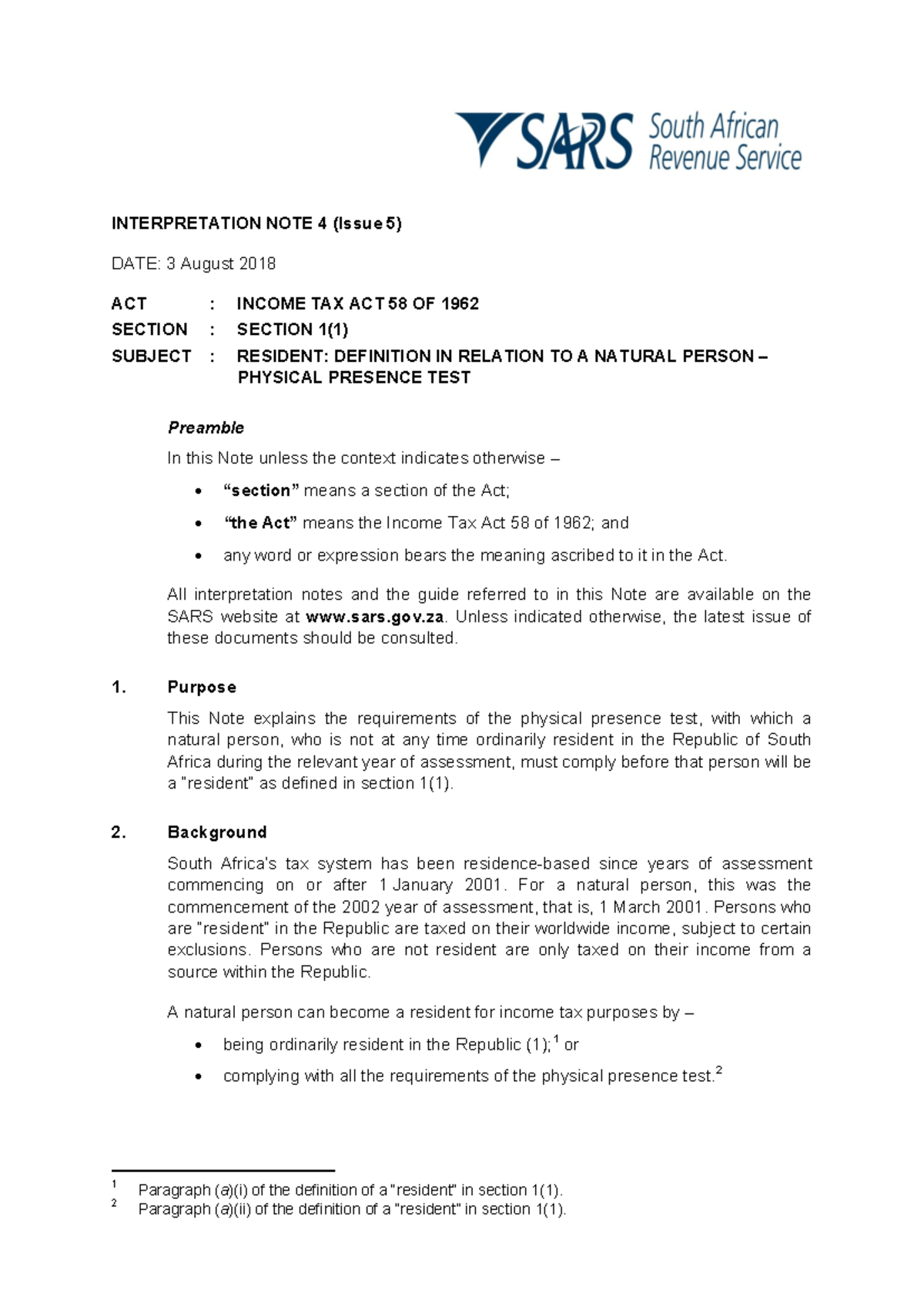 SARS Interpretation Note 4 (5): Understanding the Physical Presence ...