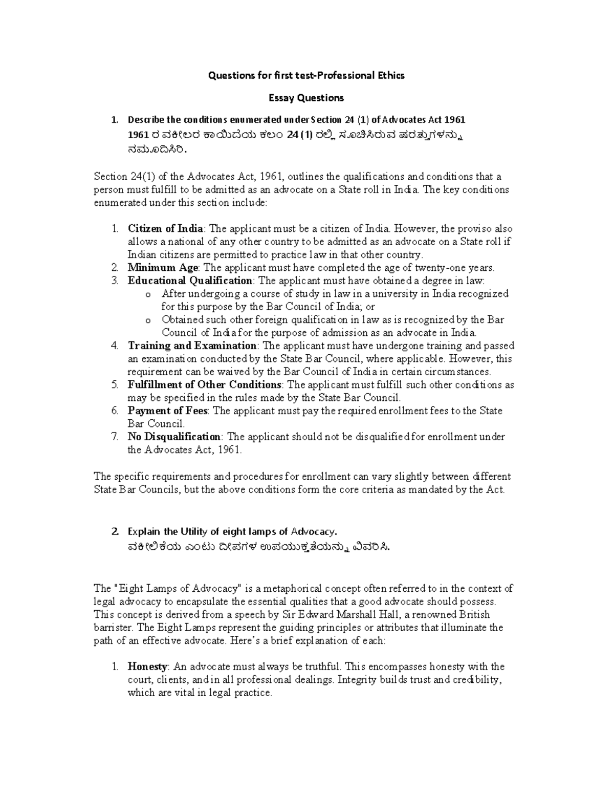 Professional Ethics questions and Answers - Questions for first test ...