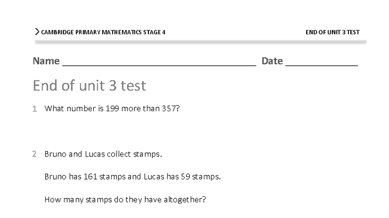 CAMBRIDGE PRIMARY MATHEMATICS STAGE 4 UNIT 3 TEST - Studocu