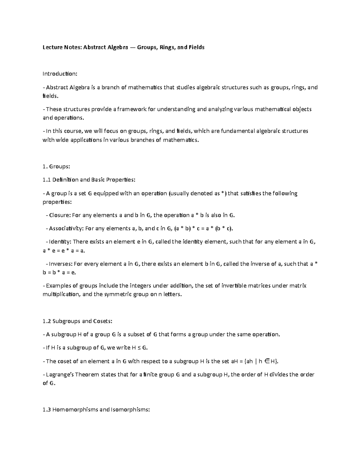 Lecture Notes: Abstract Algebra (MATH 301) - Groups, Rings & Fields ...