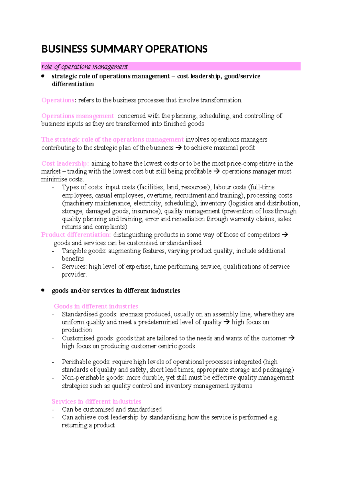 BUS 101: Strategic Role of Operations Management Summary - Studocu
