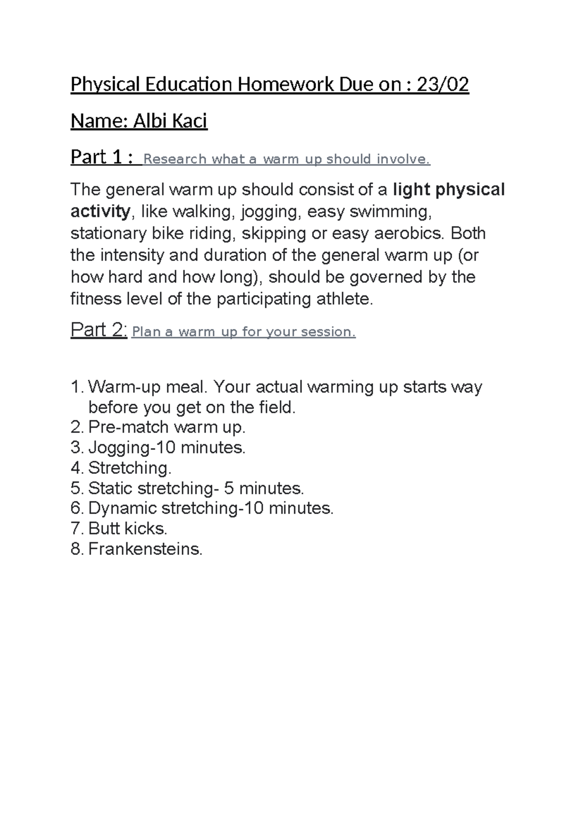 PE Homework: Warm-Up Research & Planning by Albi Kaci - Studocu