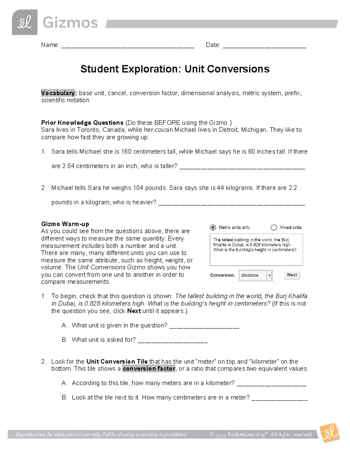 Unit Conversion SE: Gizmo Exploration and Engagement Activities - Studocu