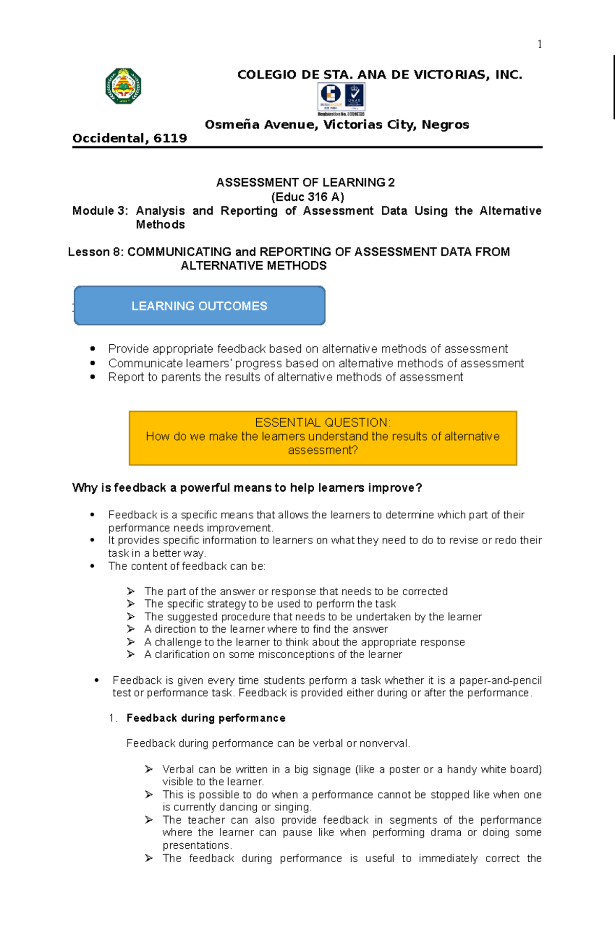 Lesson 8: Communicating & Reporting of Assessment Data (Educ 316 A ...