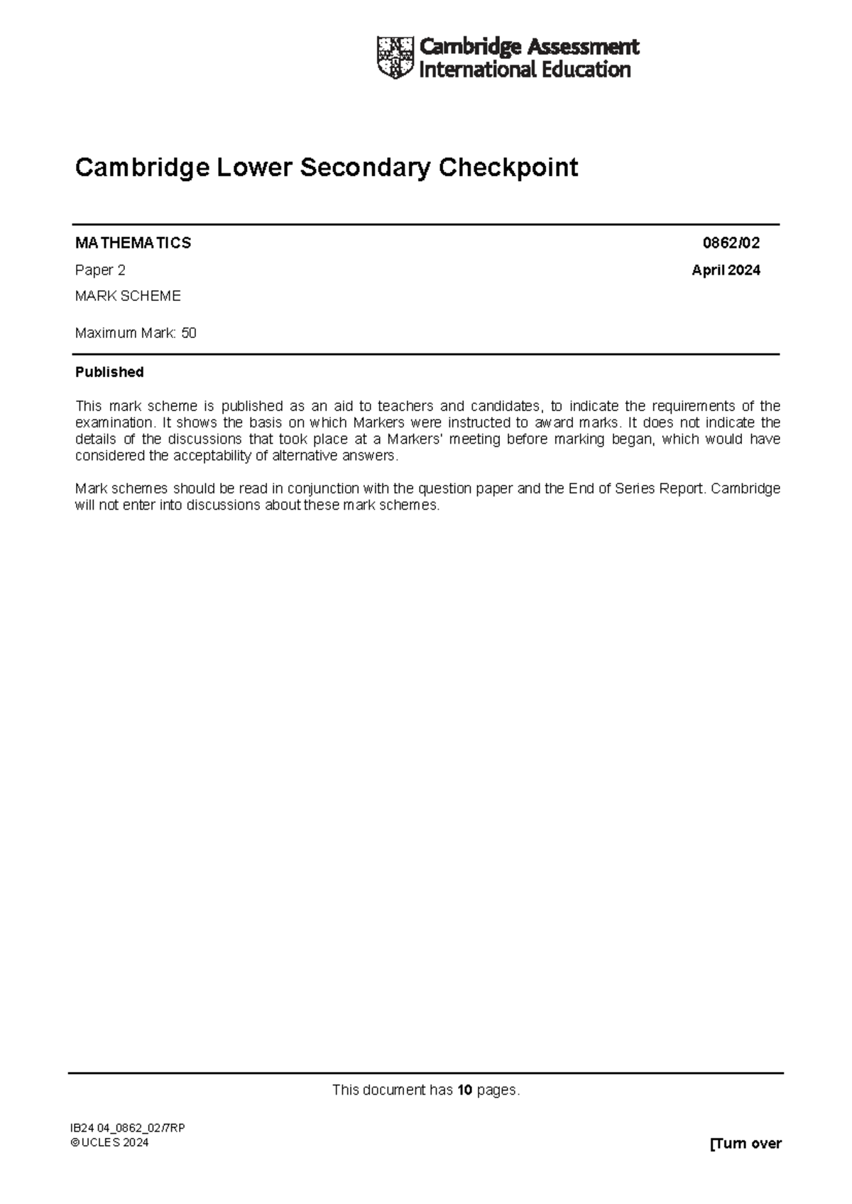 Cambridge Lower Secondary Checkpoint Mathematics Paper 2 Mark Scheme ...