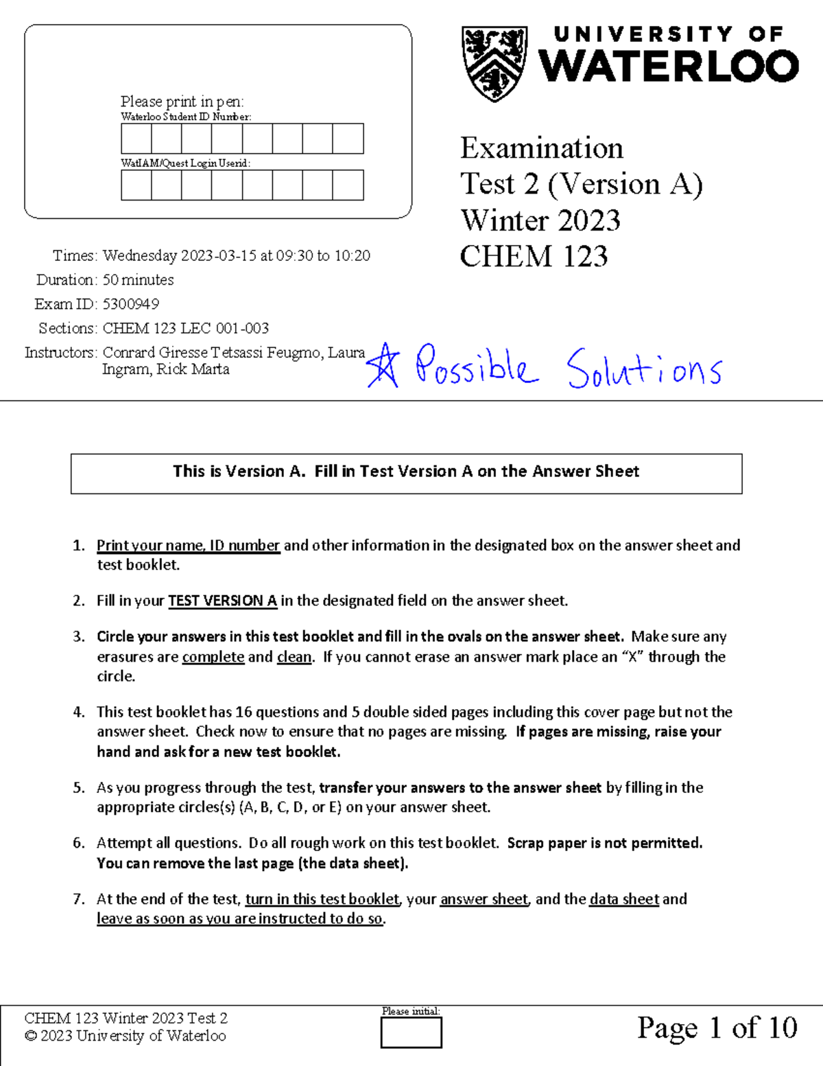 CHEM 123 Winter 2023 Test 2 (Version A) Student Guidelines - Studocu